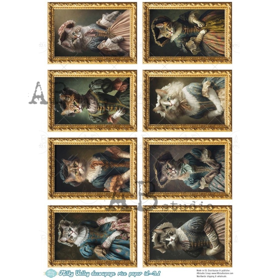 Hârtie de orez - Golden age style cats - A4 - haidihai